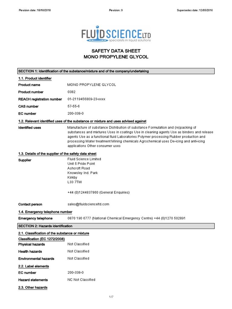 Sds Mono Propylene Glycol Industrial 0382 | PDF | Personal Protective ...