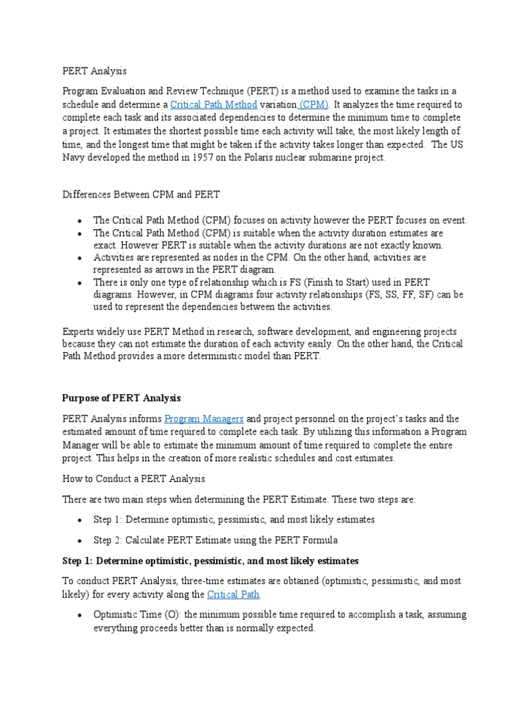 Critical Path Method (CPM) : Purpose of PERT Analysis | PDF | Applied Mathematics | Mathematical ...