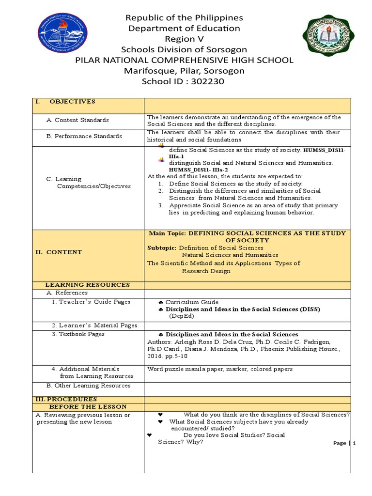 Lesson Plan in Diss Defining Social Scie | PDF | Science | Social Sciences