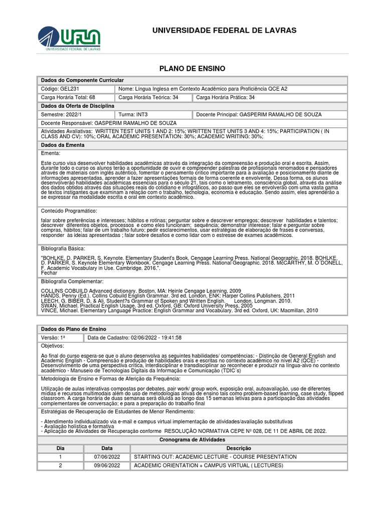 Gel231 - Lingua Inglesa em Contexto Academico para Proficiencia Qce A2 - Int3 - 2022 1 | PDF ...