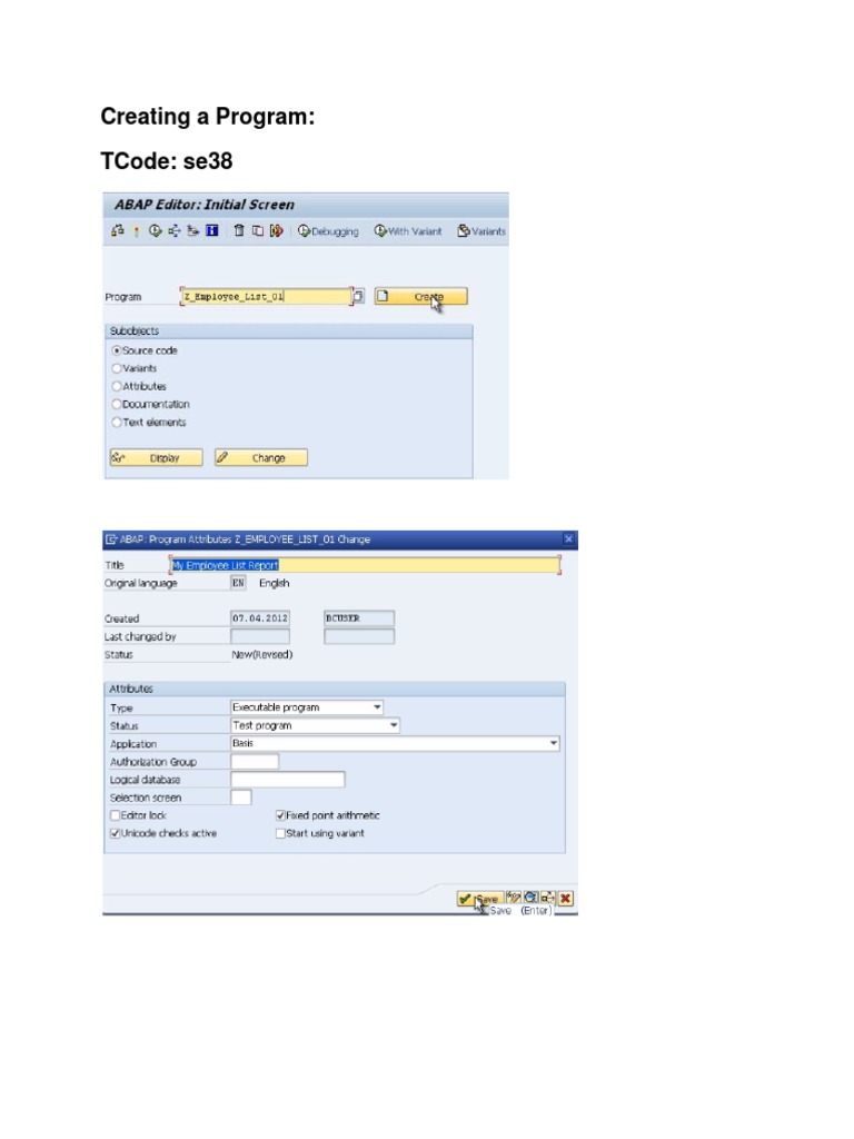 Creating A Program: Tcode: Se38 | PDF | Control Flow | String (Computer ... Creating A Program: Tcode: Se38 | PDF | Control Flow | String (Computer ...