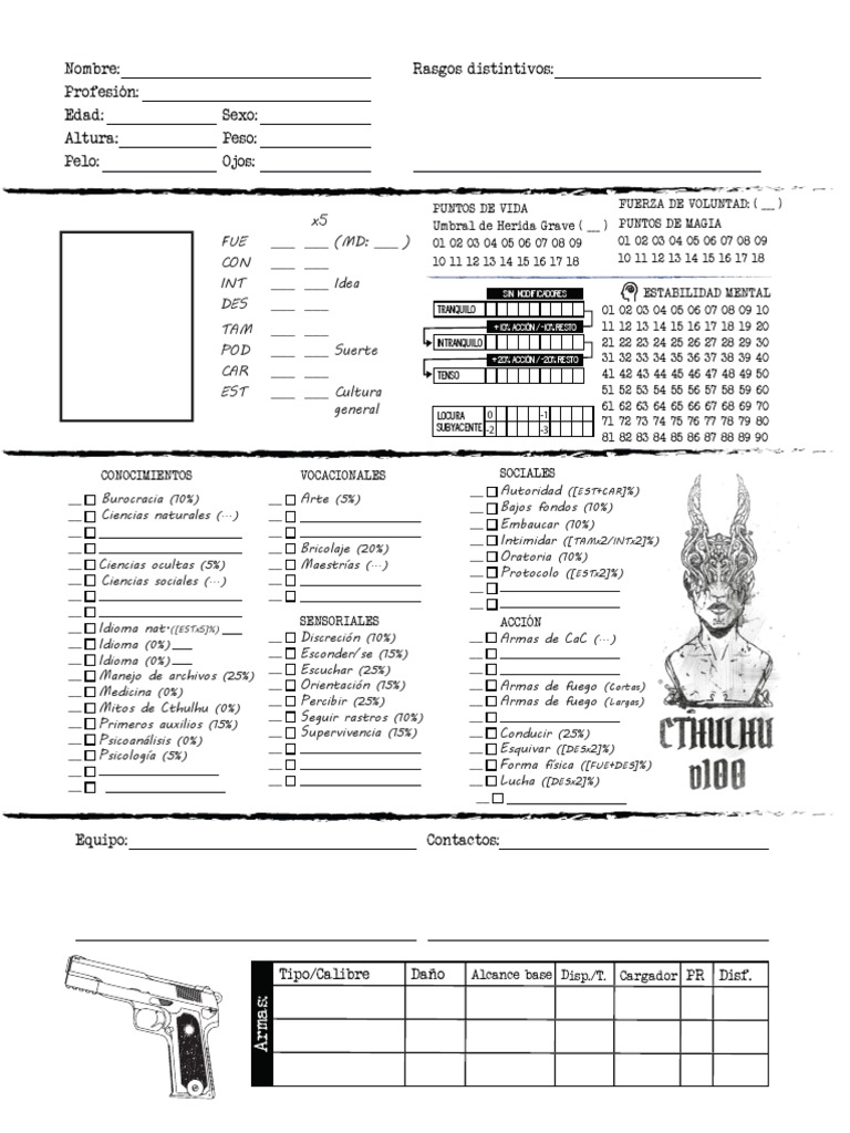 Hoja de Personaje Cthulhu d100 Editable | PDF