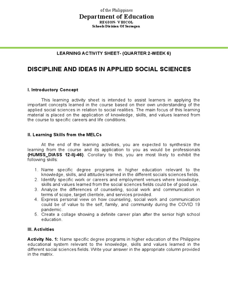 Applying Social Sciences Concepts: A Learning Activity Sheet for ...