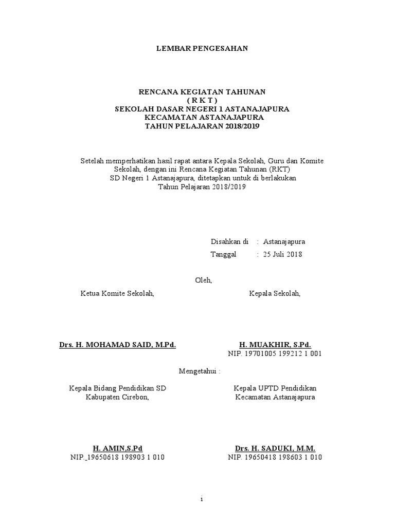 RKT Lembar Pengesahan - Kata Pengantar-Daftar Isi SDN 1 Asjap | PDF