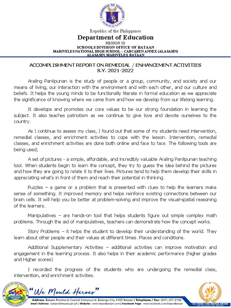 Department of Education: Accomplishment Report On Remedial ...