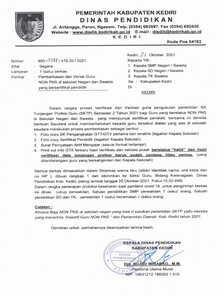 Surat Edaran Pemberkasan Usul Sktp Non Pns Semester 2 Tahun 2021 Pdf