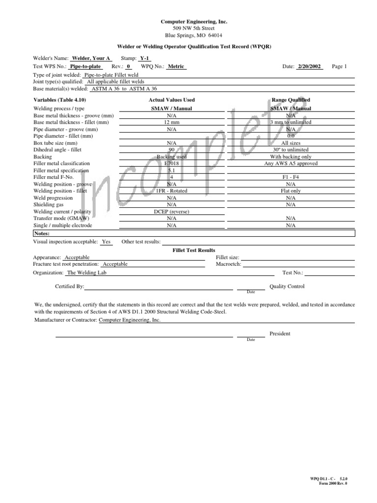 AWS D 1.1 WPQR Example | PDF | Construction | Welding