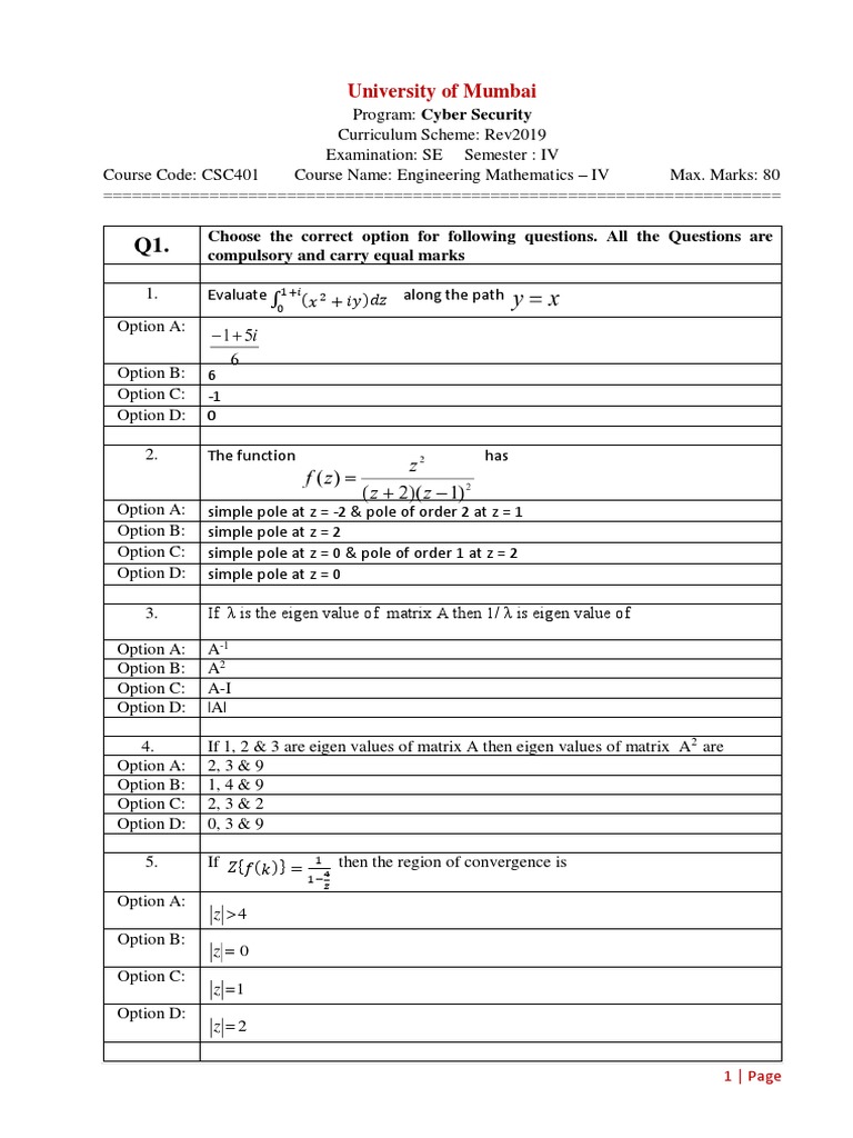 Engineering Mathematics IV Sample Question Paper | PDF | Eigenvalues ...