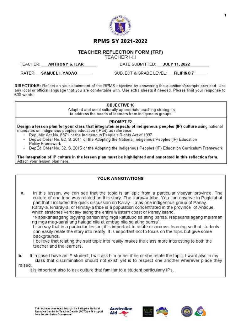 RPMS SY 2021-2022: Teacher Reflection Form (TRF) | PDF | Lesson Plan ...