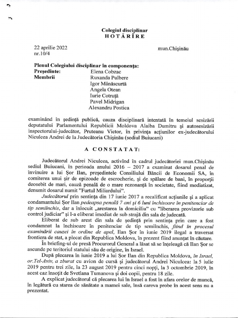 Hotărâre Nr. 10 4 Din 22 Aprilie 2022 Alaiba Dumitru Pruteanu Victor Ex Jud. Niculcea Andrei | PDF