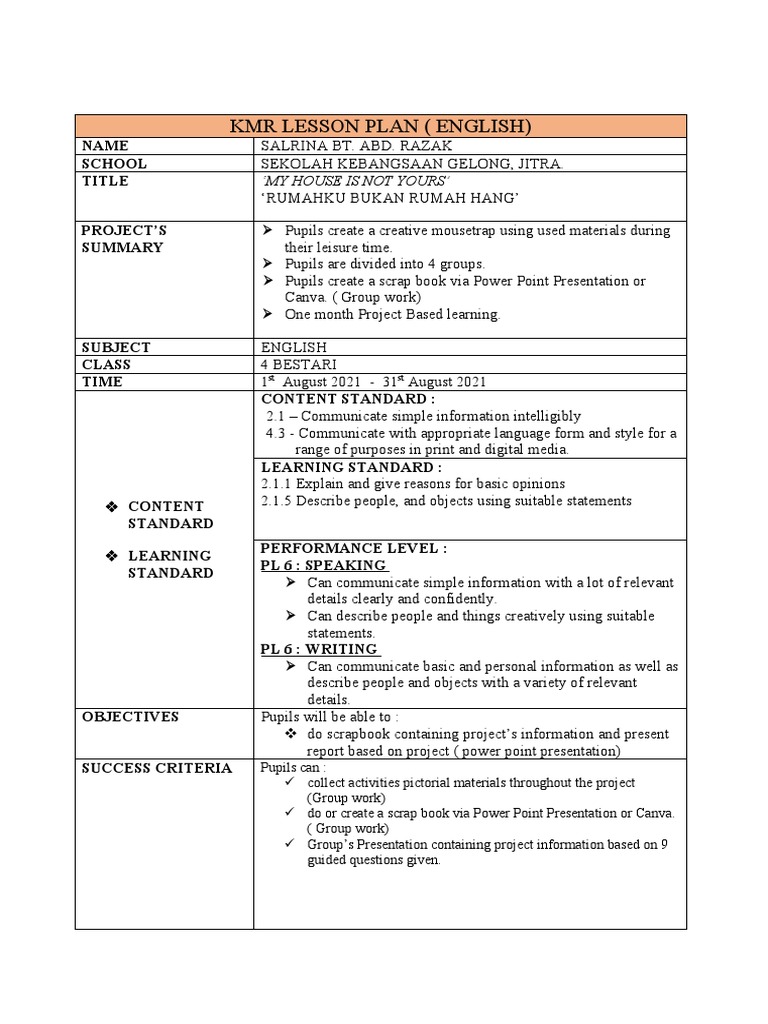 KMR English Lesson Plan: My House Project | PDF | Lesson Plan ...