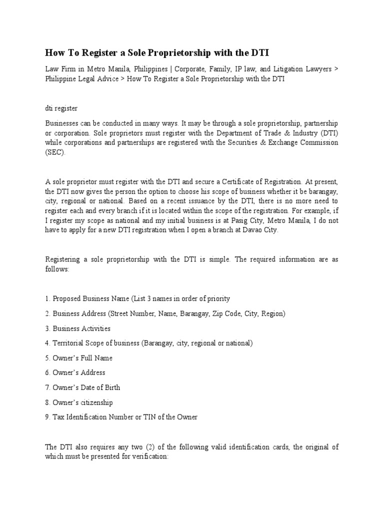 How To Register A Sole Proprietorship With The DTI | PDF | Sole ...
