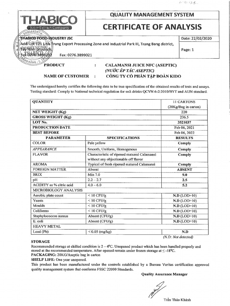 COA, Spec. Calamansi juice NFC (Aseptic)_Thabico | PDF