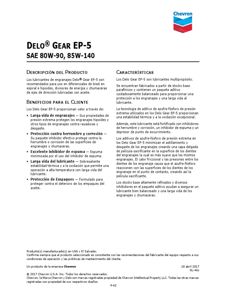 Delo Gear Ep-5 80w-90 | PDF | Lubricante | Corrosión