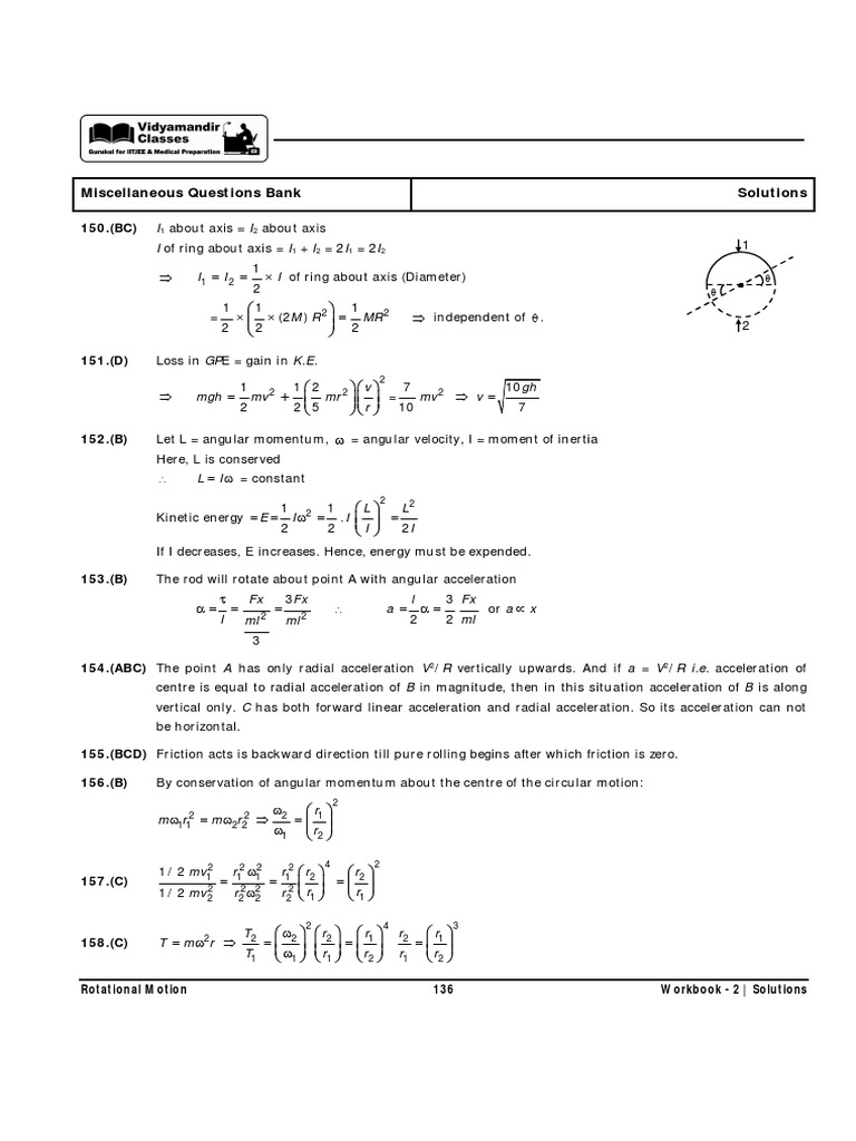 Rotational Motion - Miscellaneous Solutions | PDF | Rotation Around A Fixed Axis | Angular Momentum