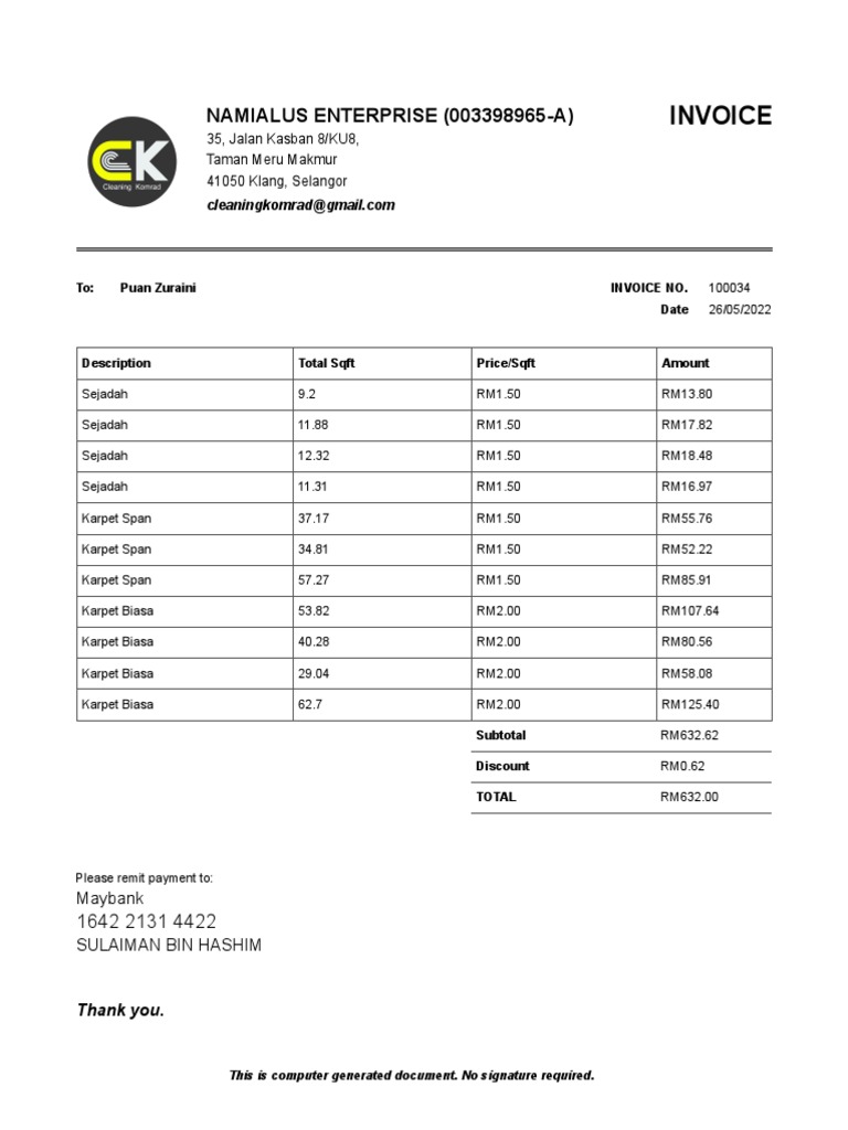 Invoice: NAMIALUS ENTERPRISE (003398965-A) | PDF