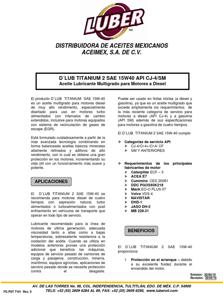 Diesel Titanium 2 Luber Sae 15w-40 API Cj-4 - SM | PDF | Turbocompresor ...
