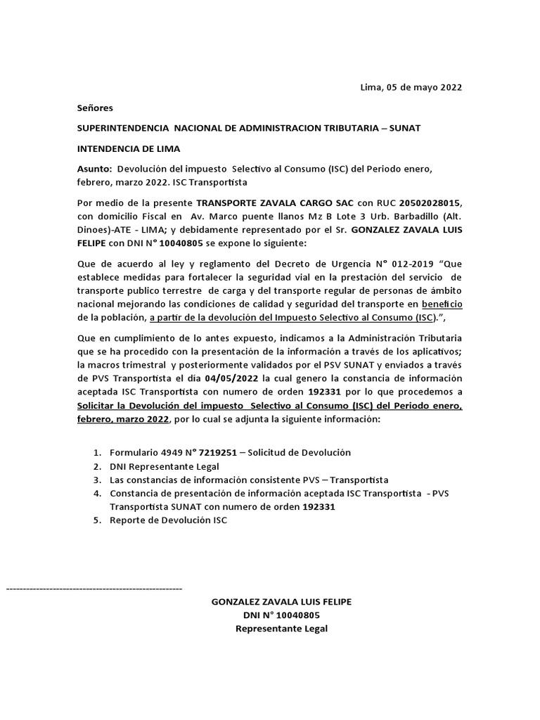 Escrito Solicitud de Devolucion Isc Combustible Transporte | PDF | Gobierno