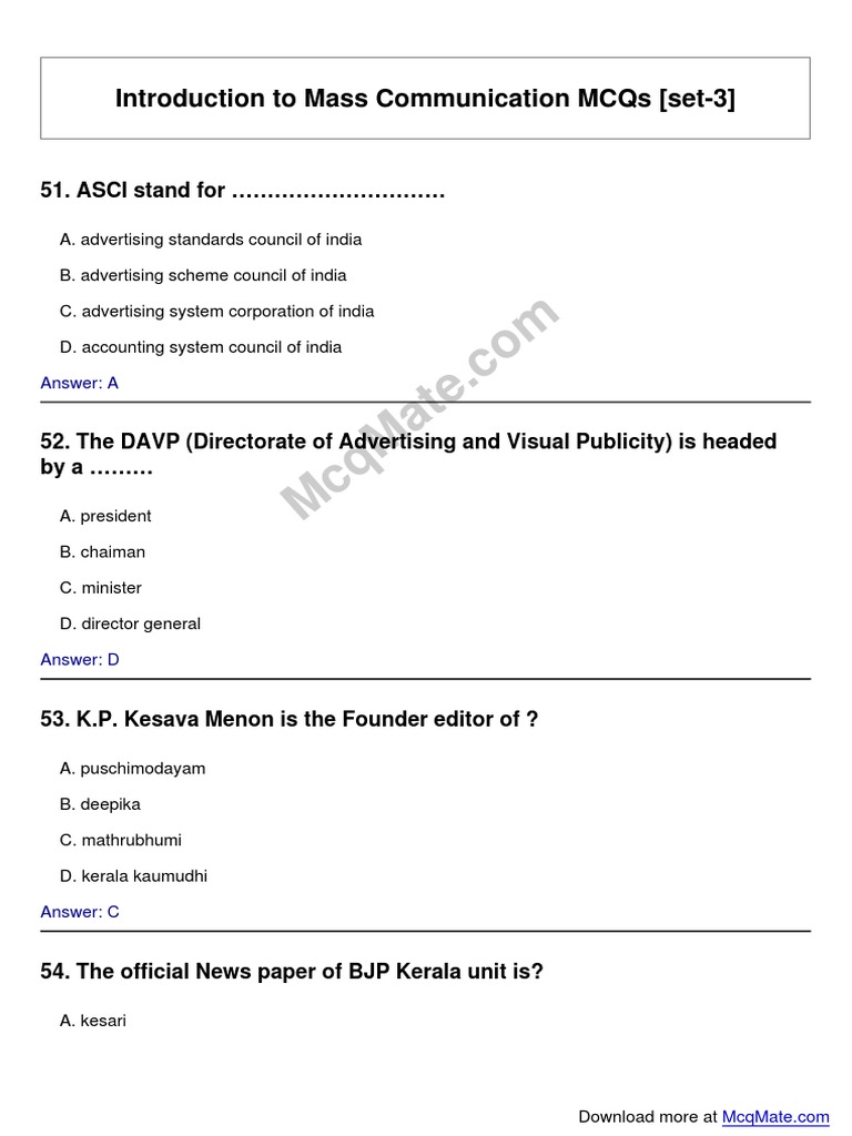 Introduction-To-mass-communication Solved MCQs (Set-3) | PDF | News | Journalism