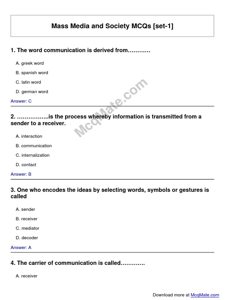 Mass-media-And-society Solved MCQs (Set-1) | PDF | Communication ...