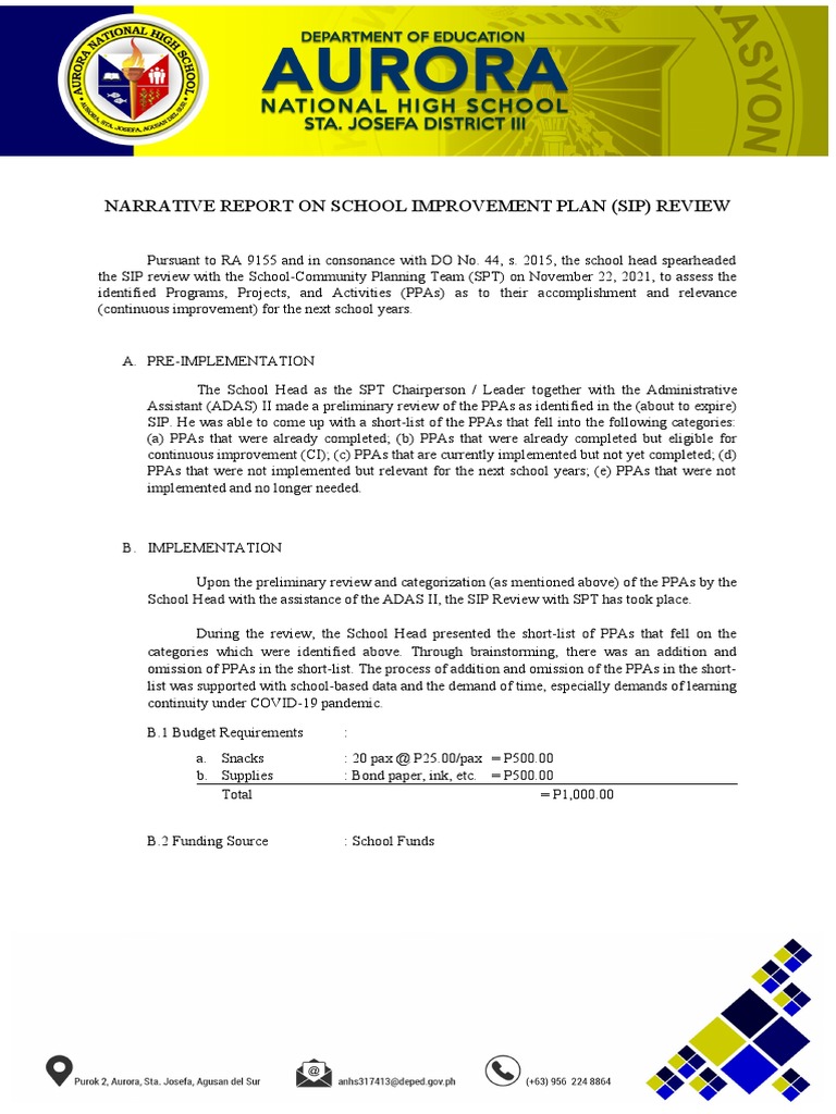Narrative Report On School Improvement Plan (Sip) Review | PDF | Cognition