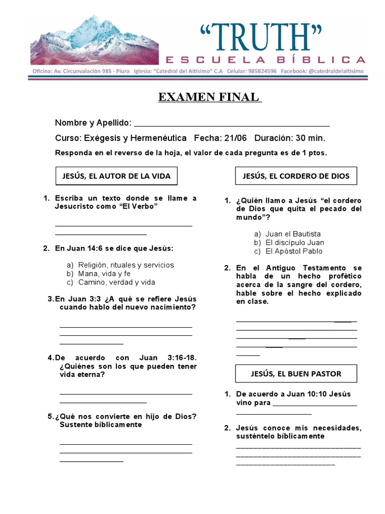 Examen Final Conociendo A Jesucristo | PDF | Jesús | Cristo (título)