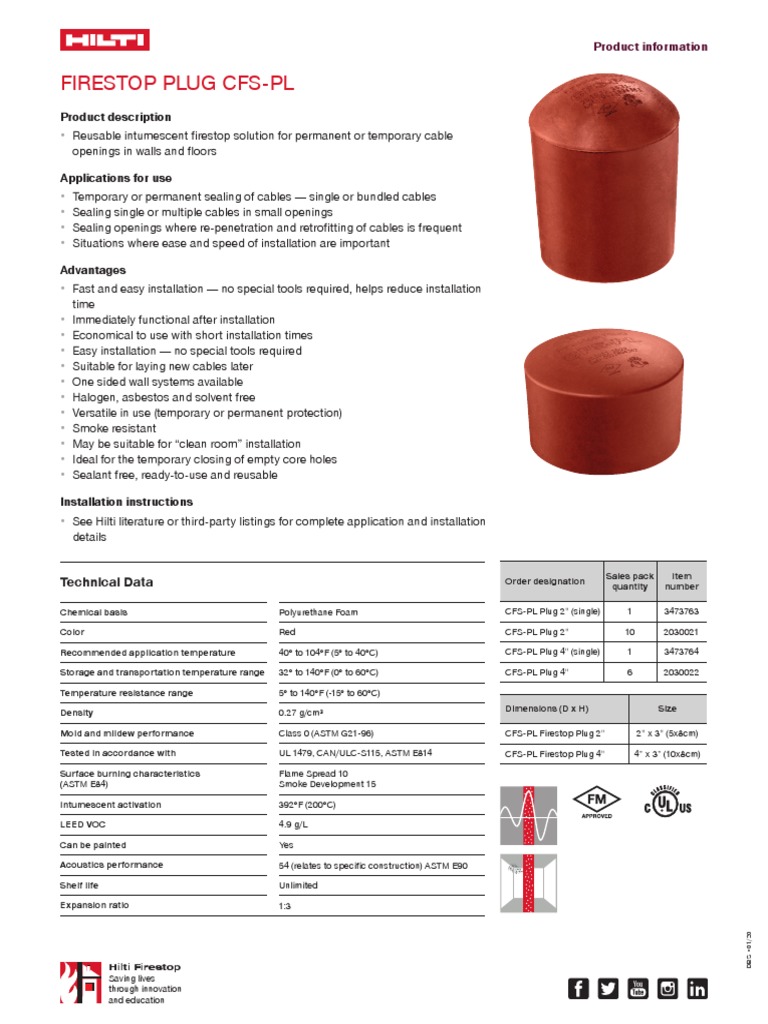 Hilti Firestop Plug Product Overview | PDF | Chemistry | Materials
