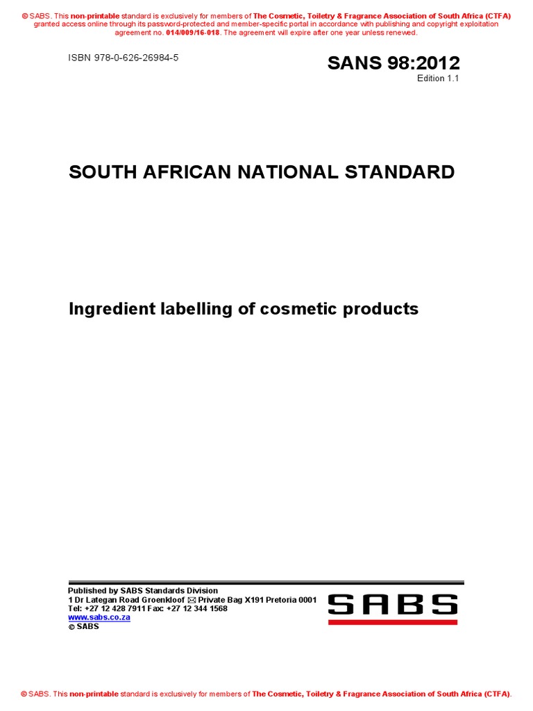 SANS 98:2012: Ingredient Labelling of Cosmetic Products | PDF ...