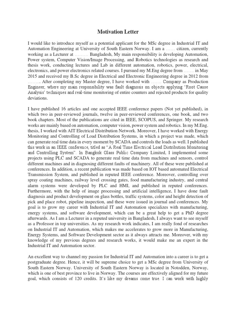 Motivation Letter For Automation MSC (1) 2 2 | PDF | Automation | Real ...