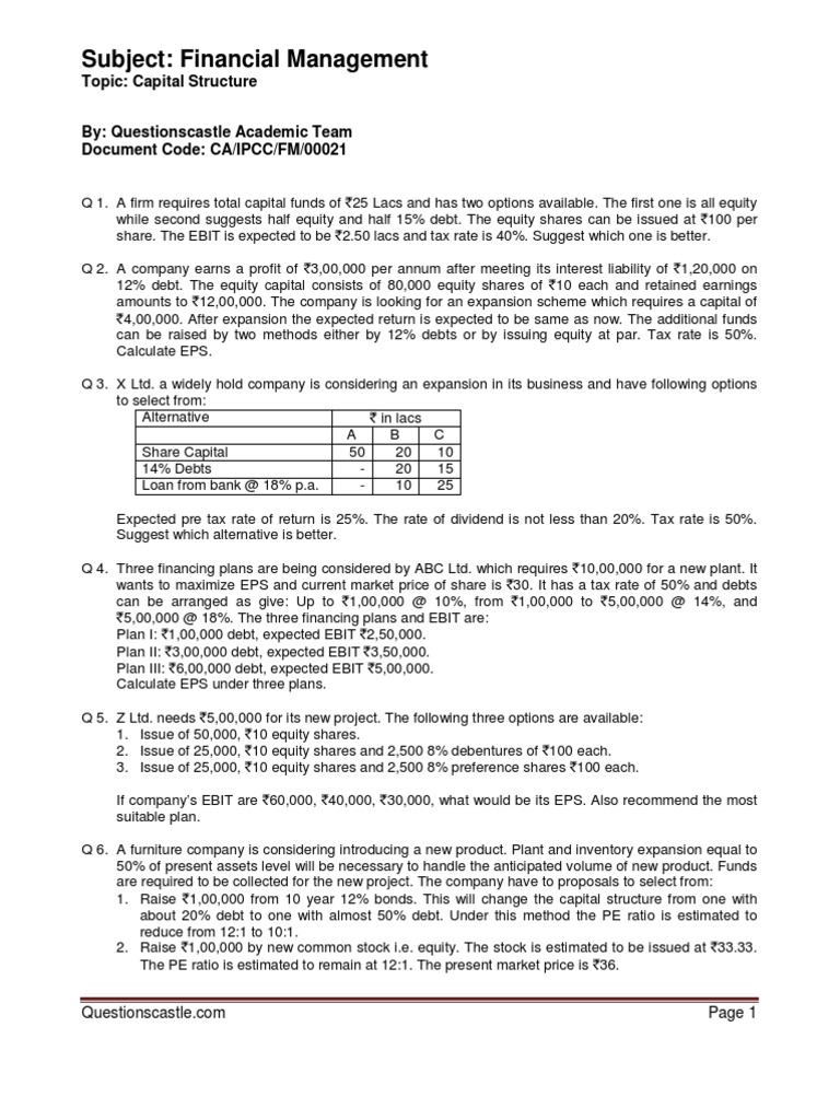 Capital Structure Exam Questions | PDF | Stocks | Capital Structure