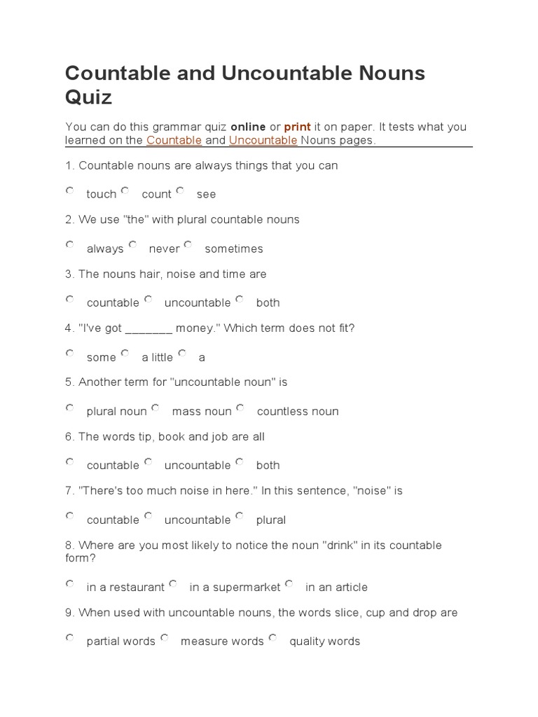 Countable and Uncountable Nouns Quiz | PDF | Language Arts & Discipline