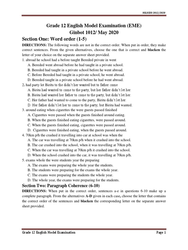 Grade 12 English Model Examination (EME) Ginbot 1012/ May 2020 Section ...