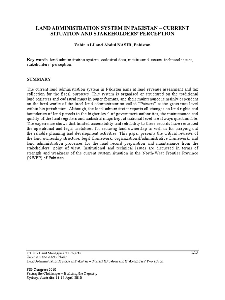 Land Administration System in Pakistan | PDF | Leasehold Estate | System