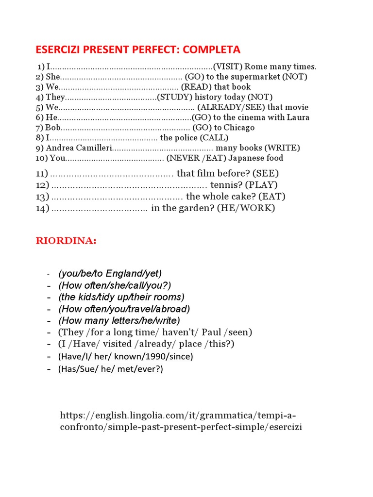 ESERCIZI PRESENT PERFECT | PDF