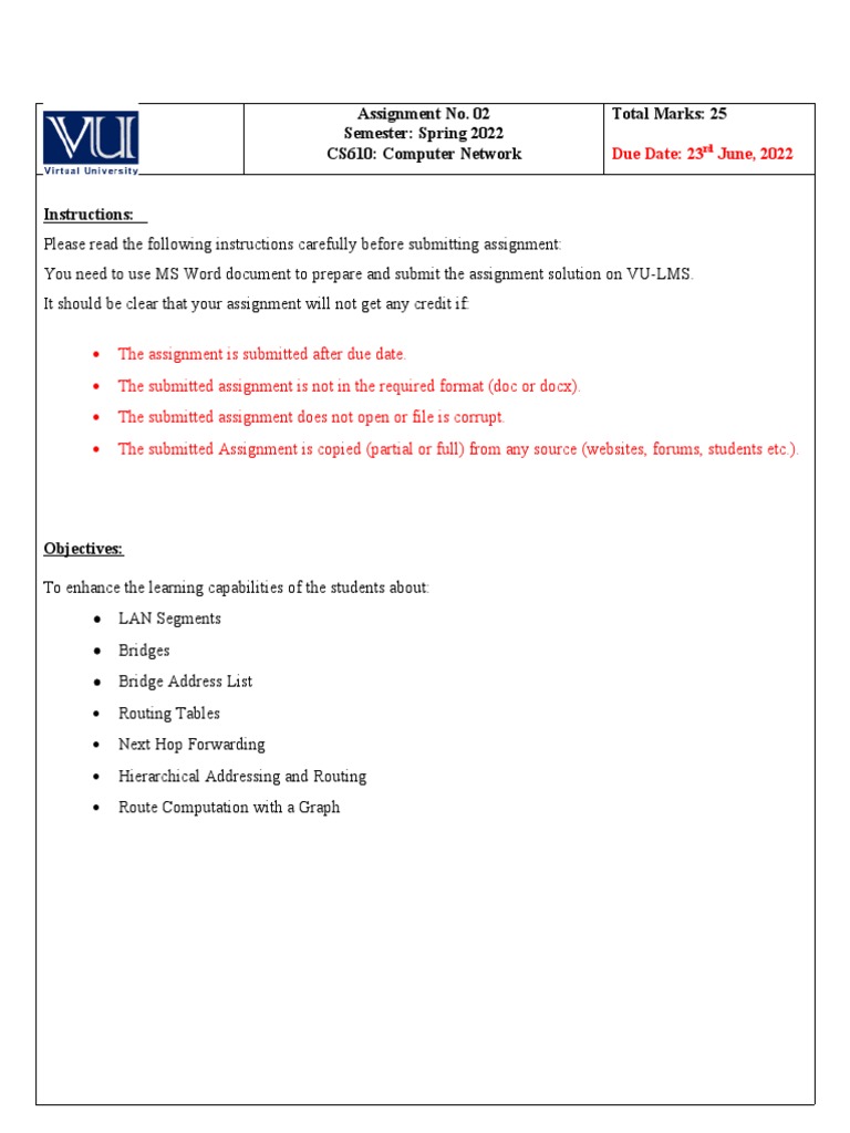 Assignment No. 02 Semester: Spring 2022 CS610: Computer Network Total ...