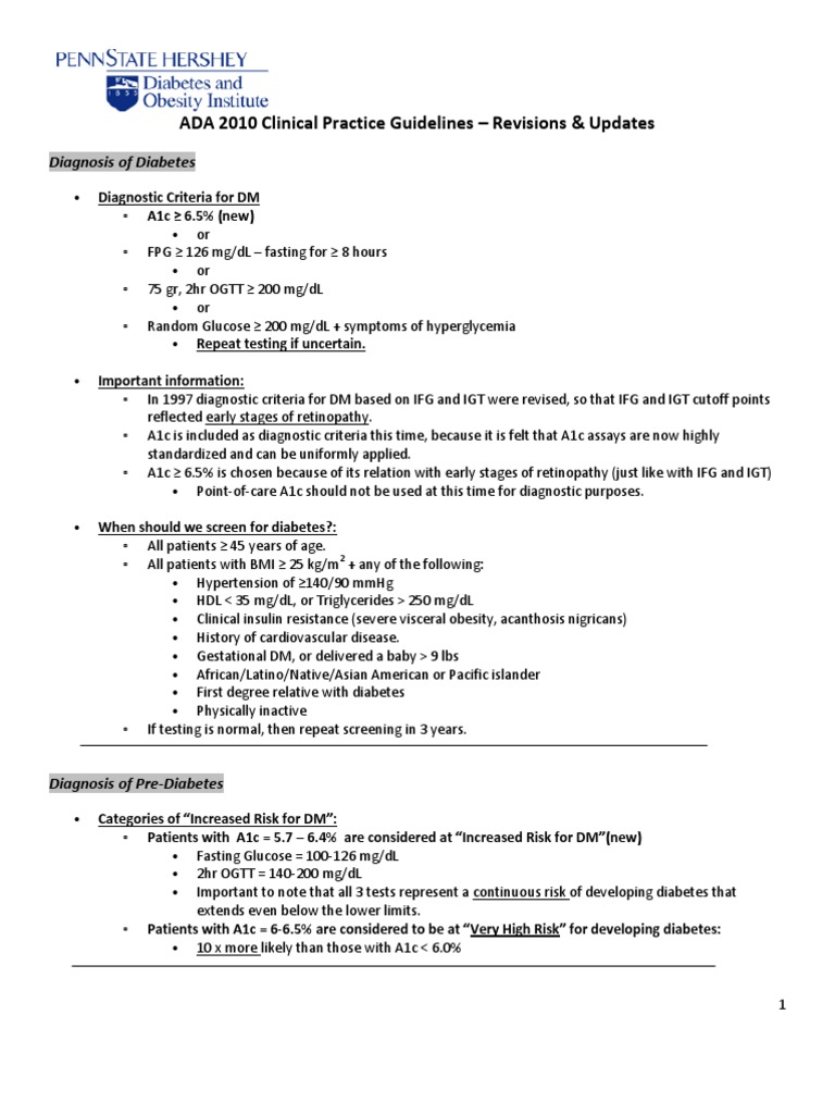ADA 2010 Clinical Practice Guidelines - Revisions & Updates: Diagnosis ...