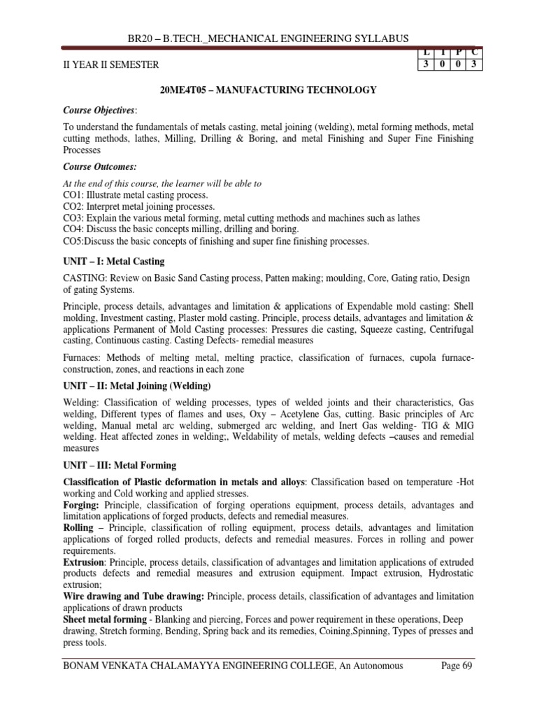 Br20 - B.Tech. - Mechanical Engineering Syllabus: Course Objectives ...