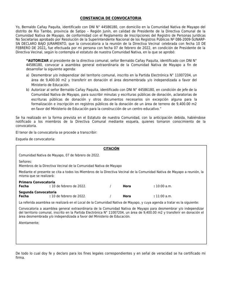 Constancia de Convocatoria - DIRECTIVA VECINAL MAYAPO | PDF | Gobierno