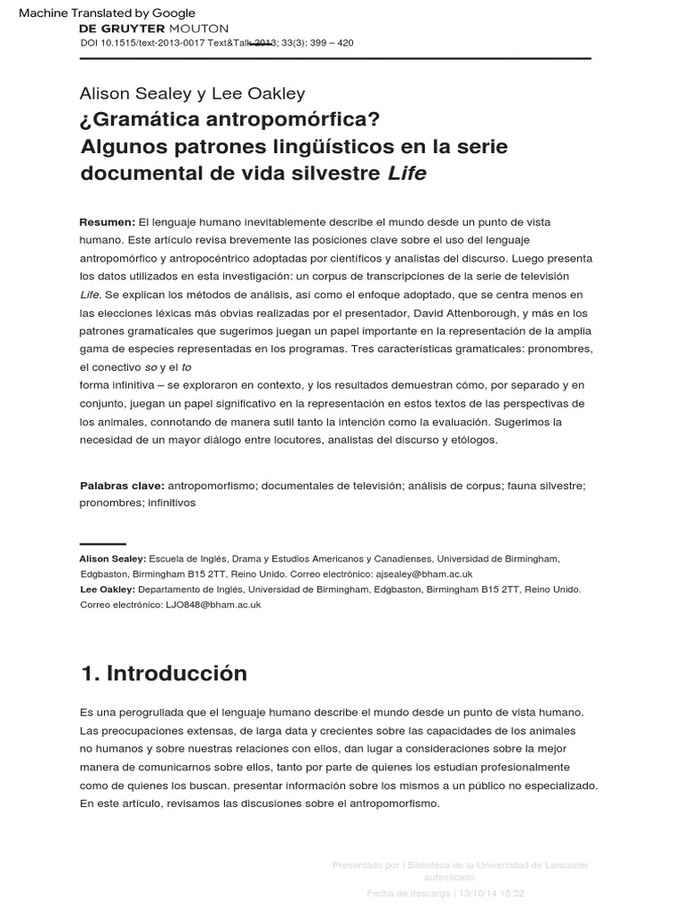Alison Sealey y Lee Oakley ¿Gramática Antropomórfica Algunos Patrones ...