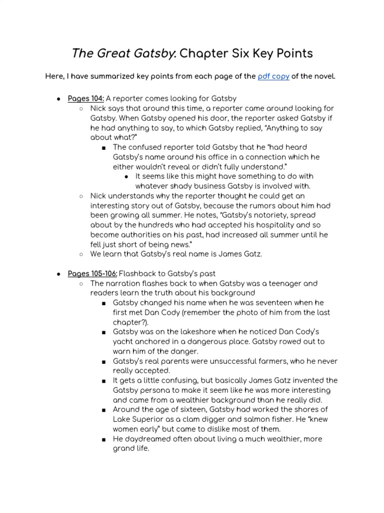 The Great Gatsby Chapter Six Key Points | PDF | The Great Gatsby