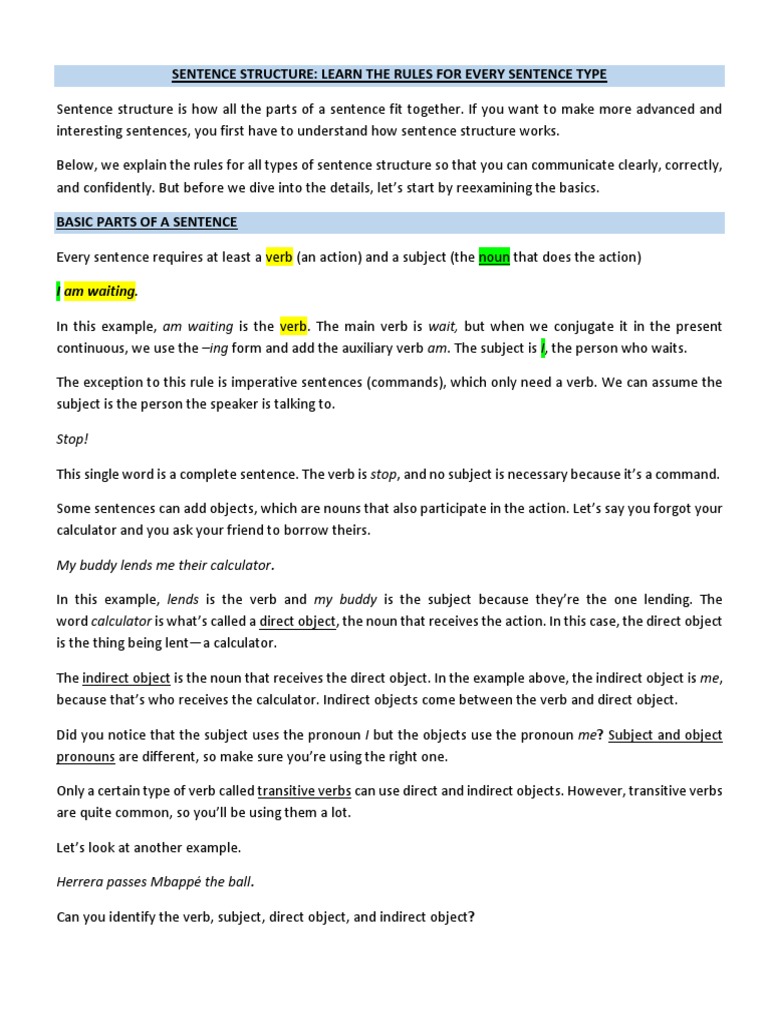 SENTENCE STRUCTURE Rules | PDF | Subject (Grammar) | Clause