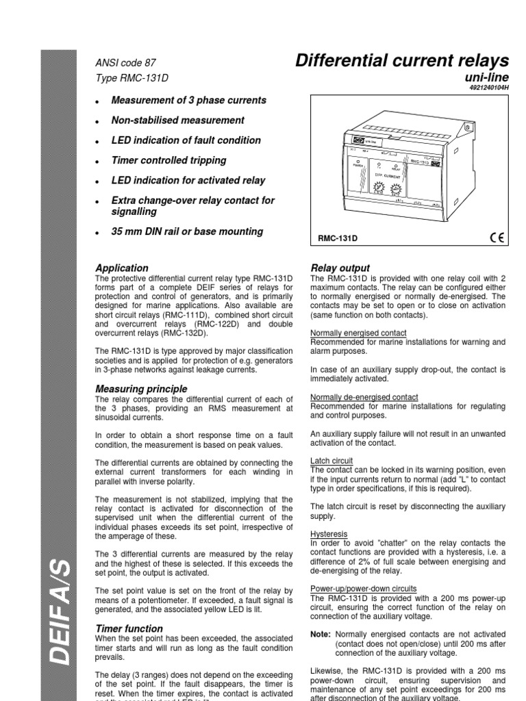 Specification Sheet for the DEIF RMC-131D Differential Current Relay ...