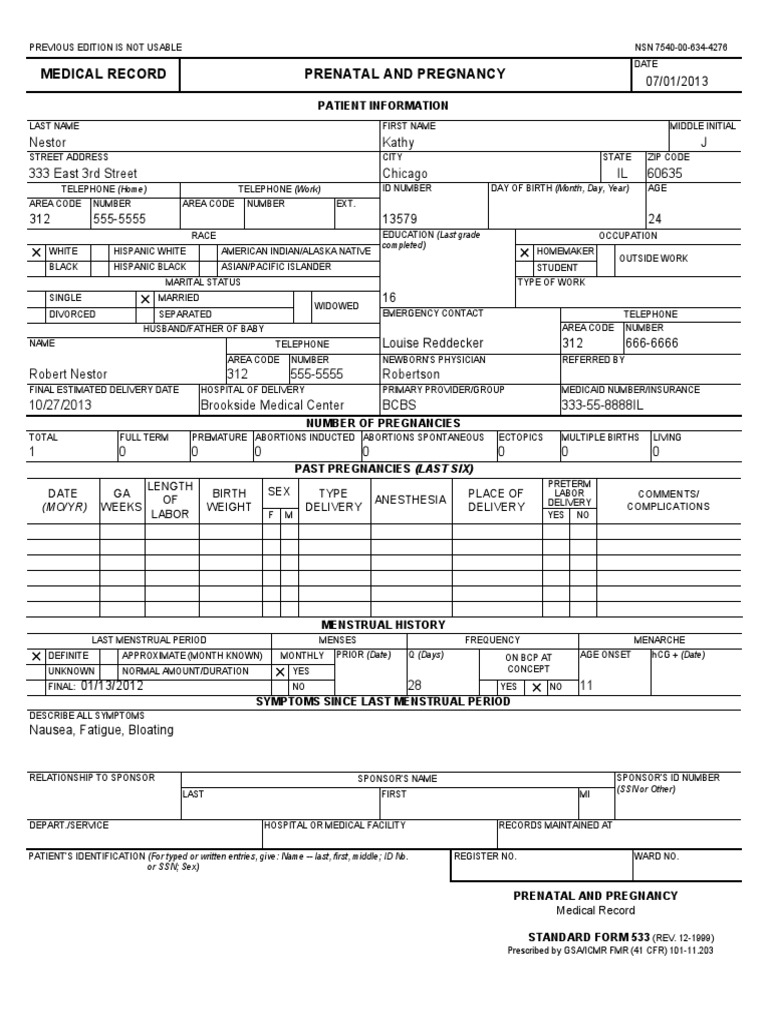 Medical Record Prenatal and Pregnancy: Nestor Chicago J IL 60635 Kathy ...