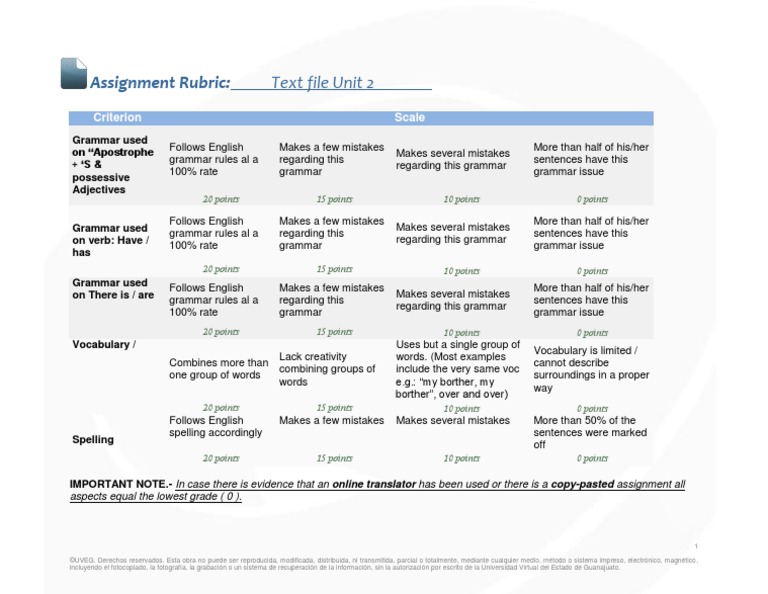 Assignment Rubric: Text File Unit 2: Criterion Scale | PDF | English ...