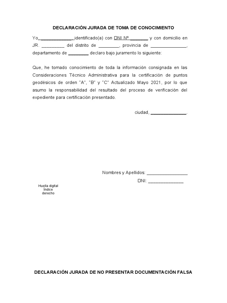 Declaración Jurada de Toma de Conocimiento | PDF