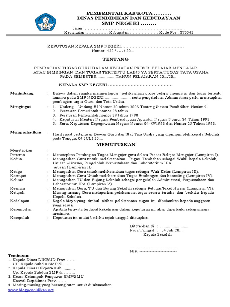 Contoh SK Pembagian Tugas Mengajar Guru | PDF