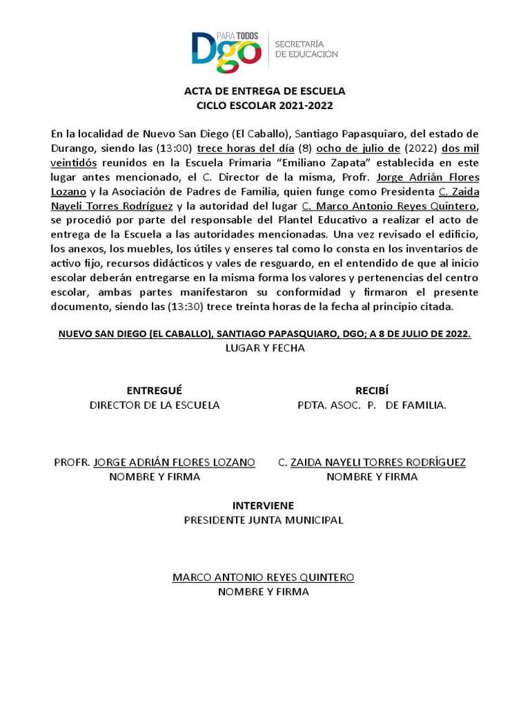 Acta de Entrega de La Escuela 2022 - 080127 | PDF Acta de Entrega de La Escuela 2022 - 080127 | PDF