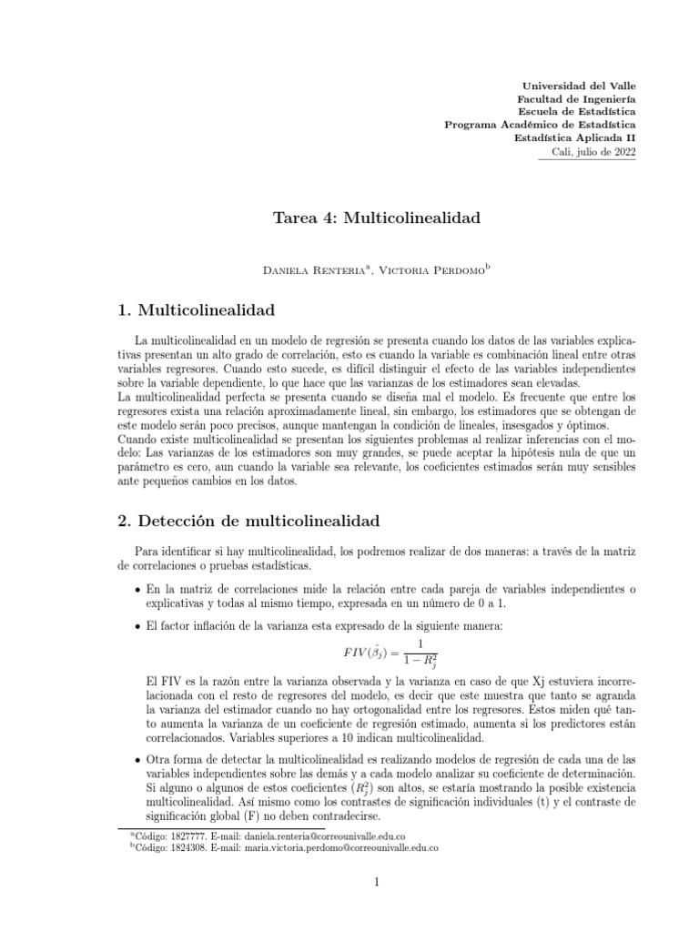 Tarea 4 Aplicada II | PDF | Multicolinealidad | Mínimos cuadrados ordinarios