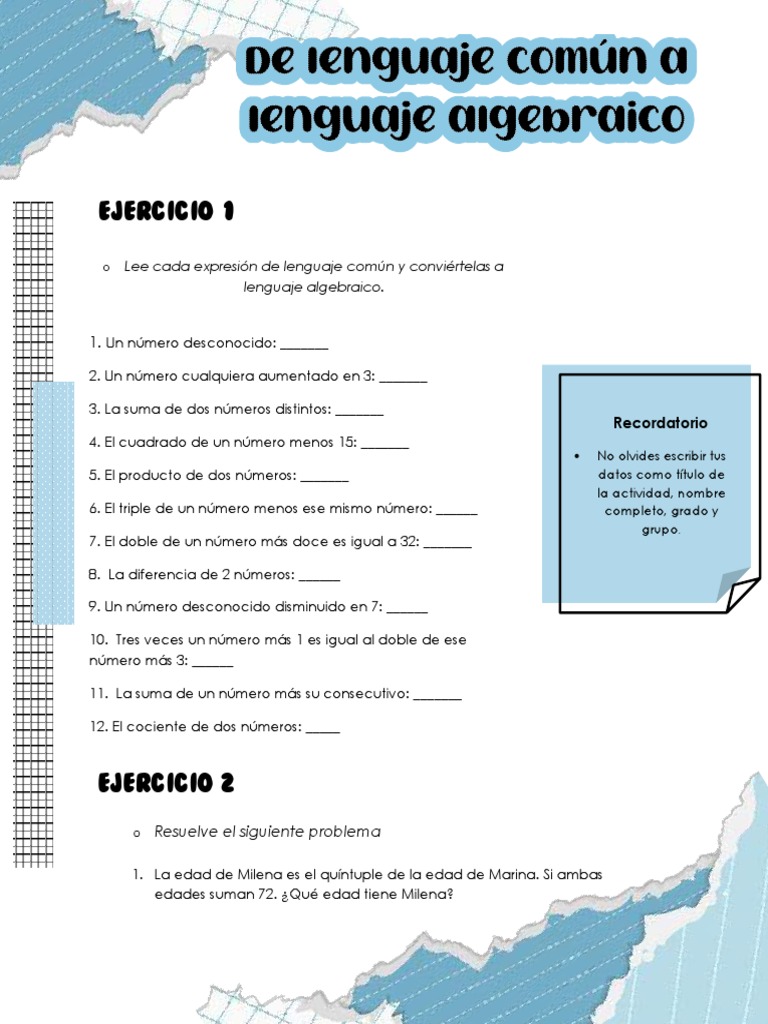 De Lenguaje Común A Lenguaje Algebraico | PDF