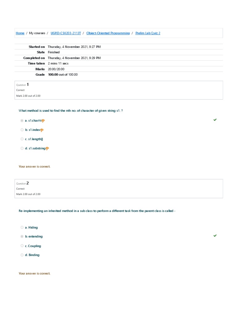 Term 3 OOP Prelim Lab Quiz 2 - Attempt Review | Download Free PDF | Method (Computer Programming ...
